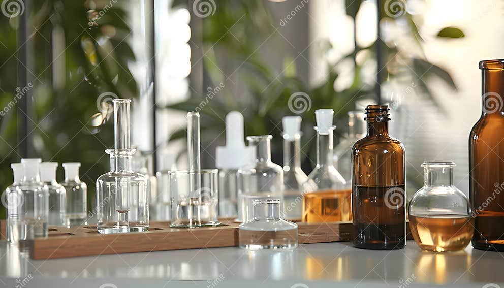 Laboratory Glassware with Samples on Table Indoors. Solution Chemistry ...