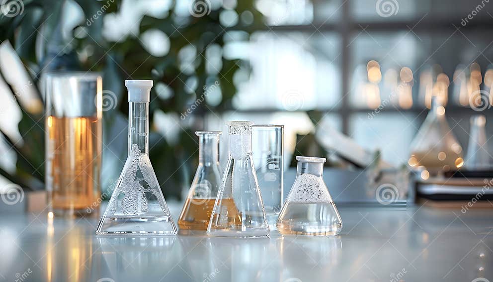 Laboratory Glassware with Samples on Table Indoors. Solution Chemistry ...