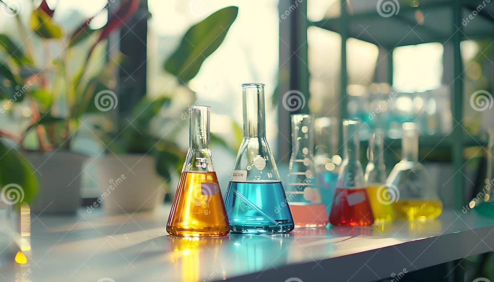 Laboratory Glassware with Samples on Table Indoors. Solution Chemistry ...