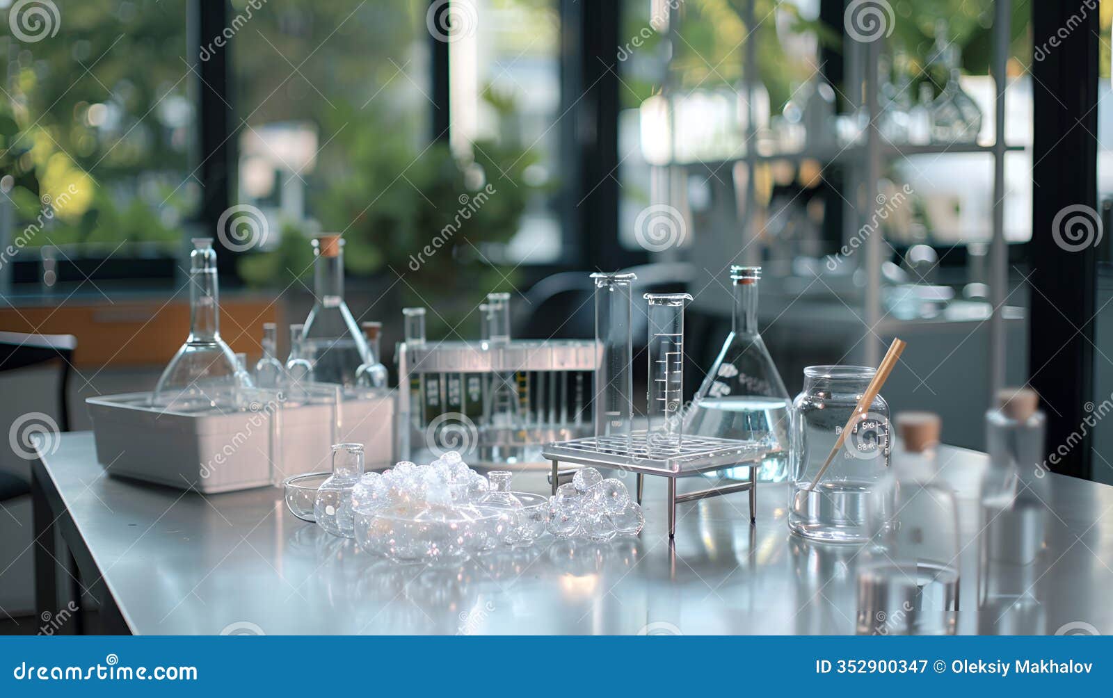 Laboratory Glassware with Samples on Table Indoors. Solution Chemistry ...