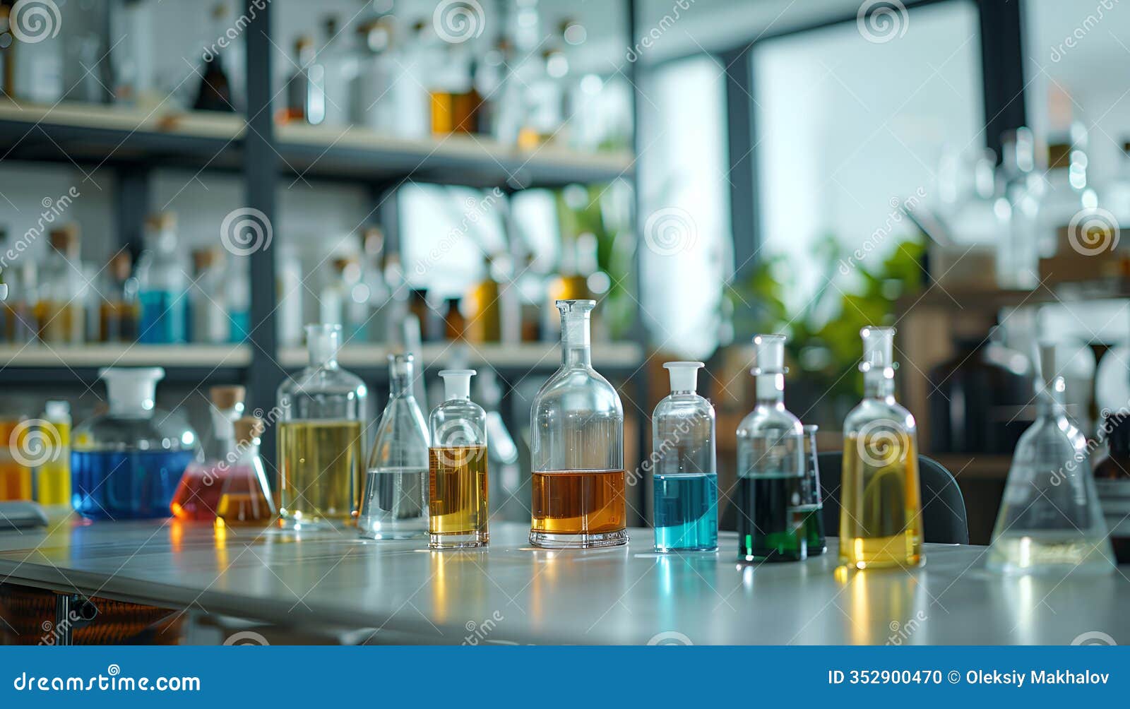 Laboratory Glassware with Samples on Table Indoors. Solution Chemistry ...