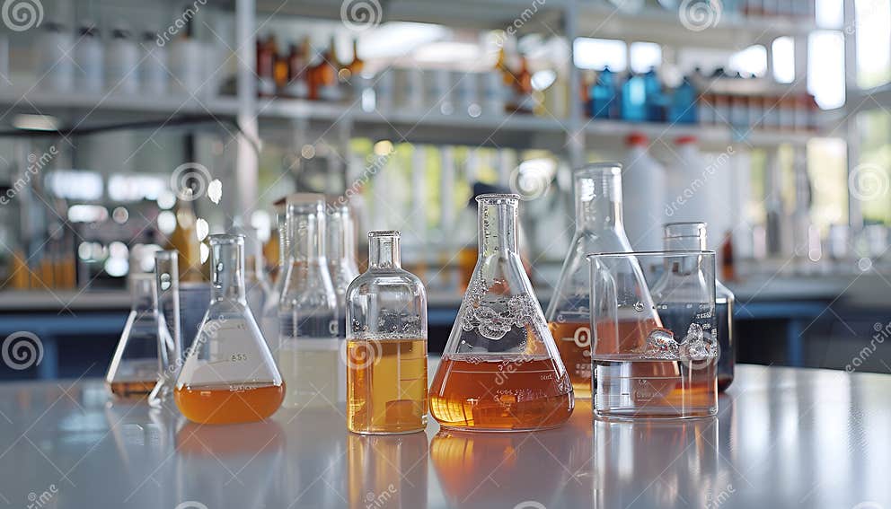 Laboratory Glassware with Samples on Table Indoors. Solution Chemistry ...