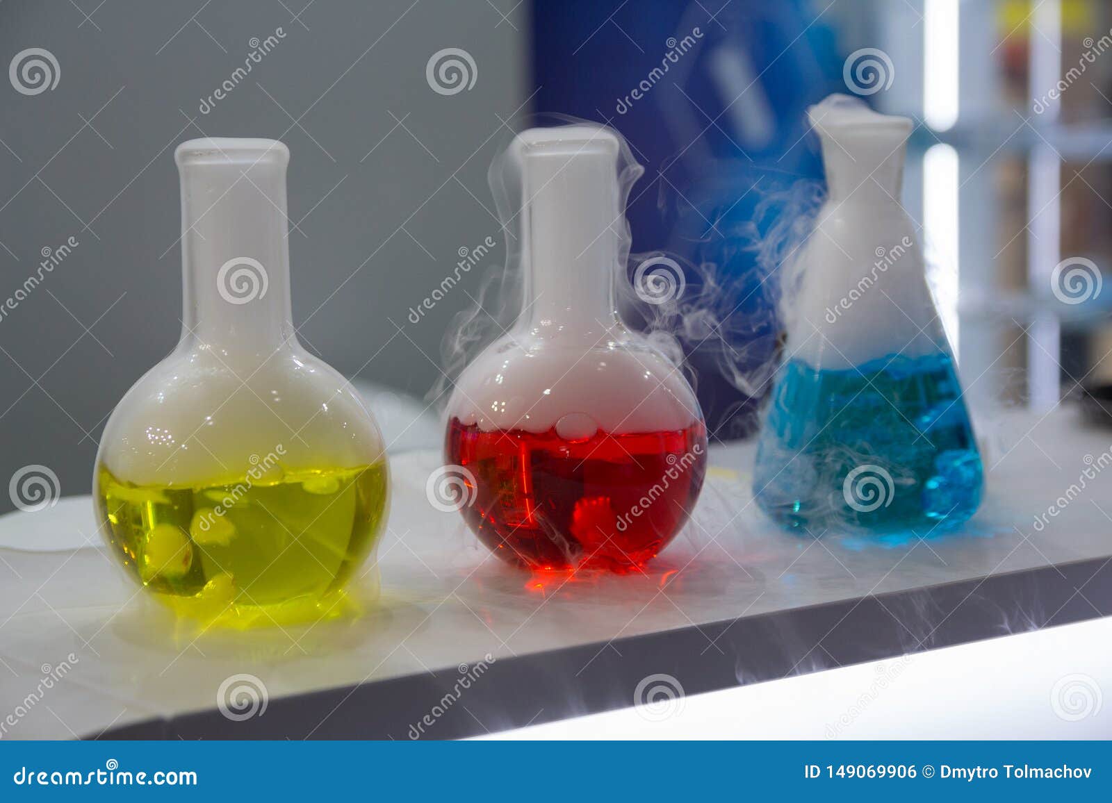 Laboratory Glassware with Solutions of Different Colors on Table Stock ...