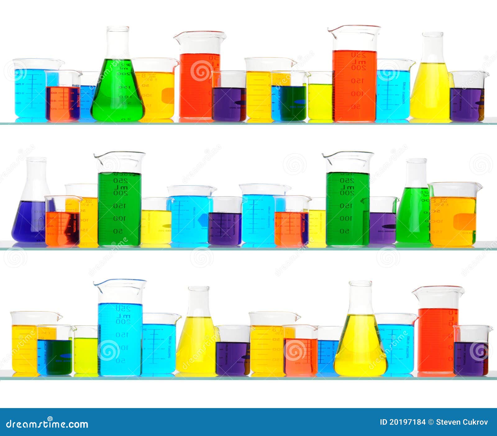 Laboratory Glassware on Three Shelves Stock Photo - Image of green ...