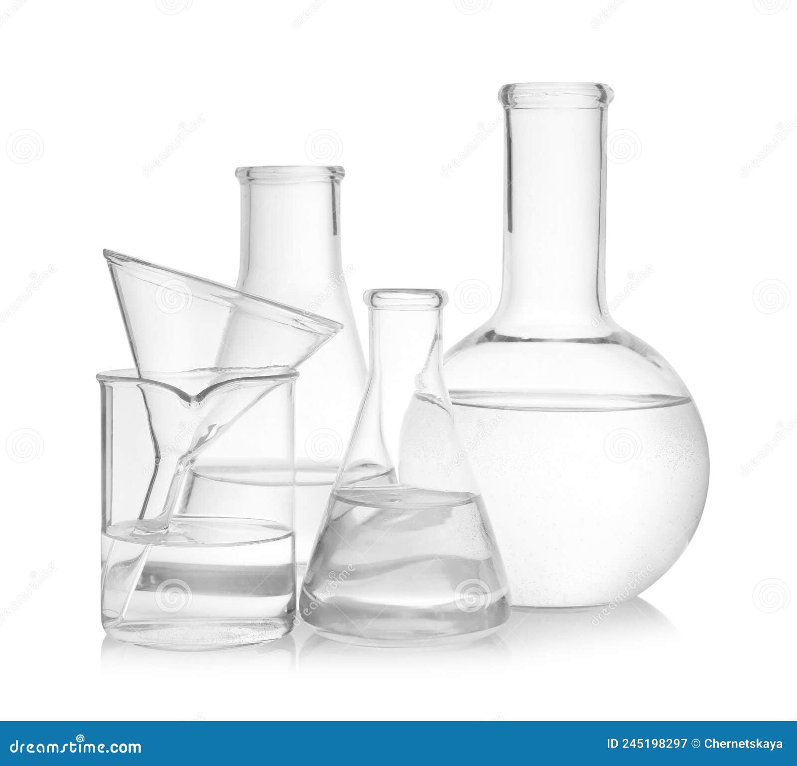 Laboratory Glassware with Transparent Liquid on White Background Stock ...