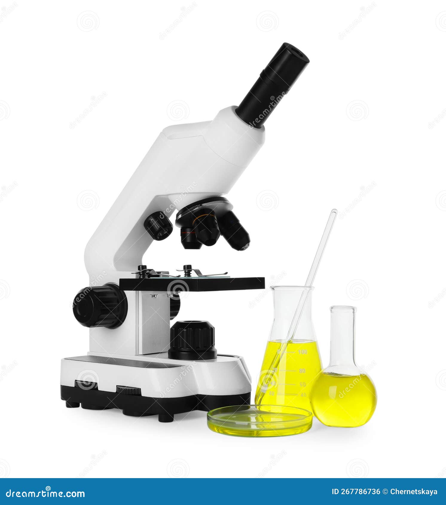 Laboratory Glassware with Yellow Liquid and Microscope Isolated on ...