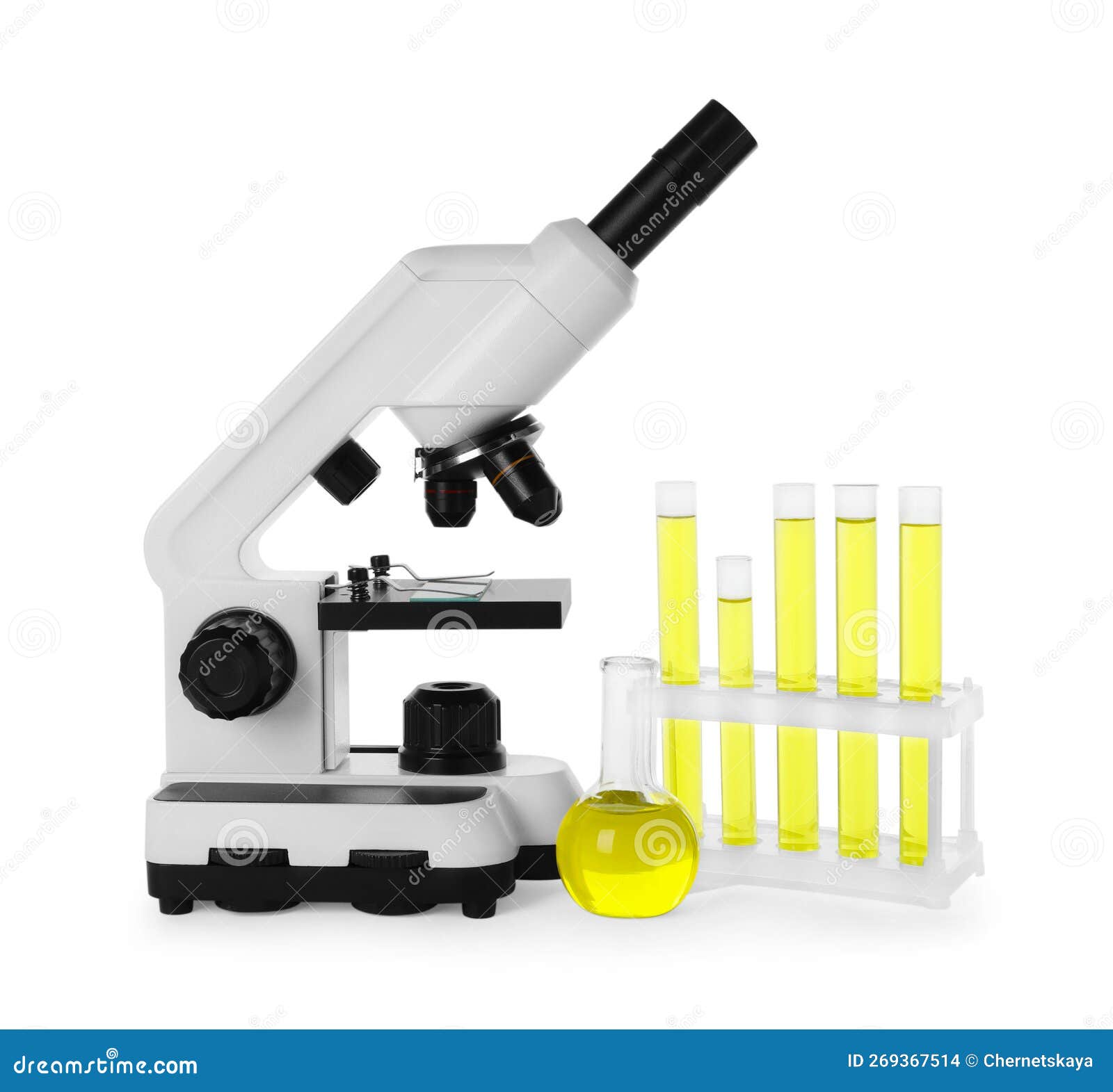 Laboratory Glassware with Yellow Liquid and Microscope Isolated on ...