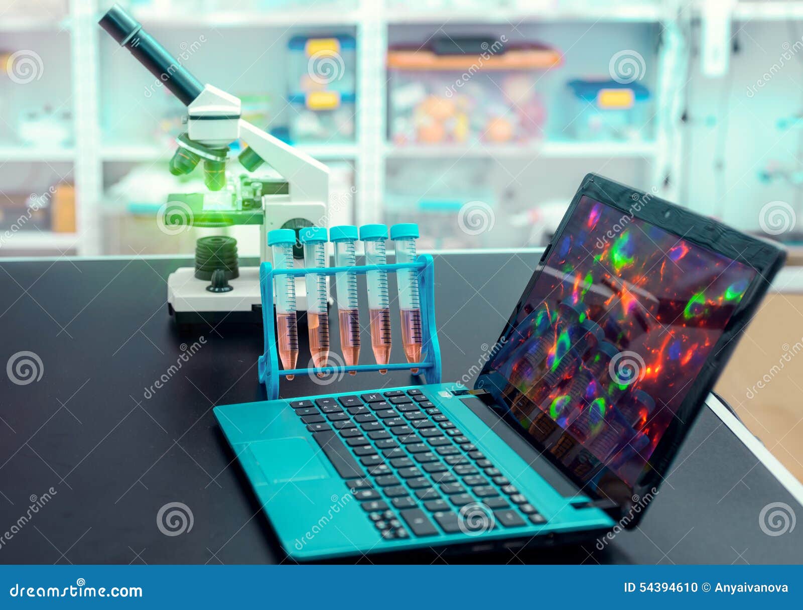 Laboratory Interior with Microscope and Digital Image on Portable ...