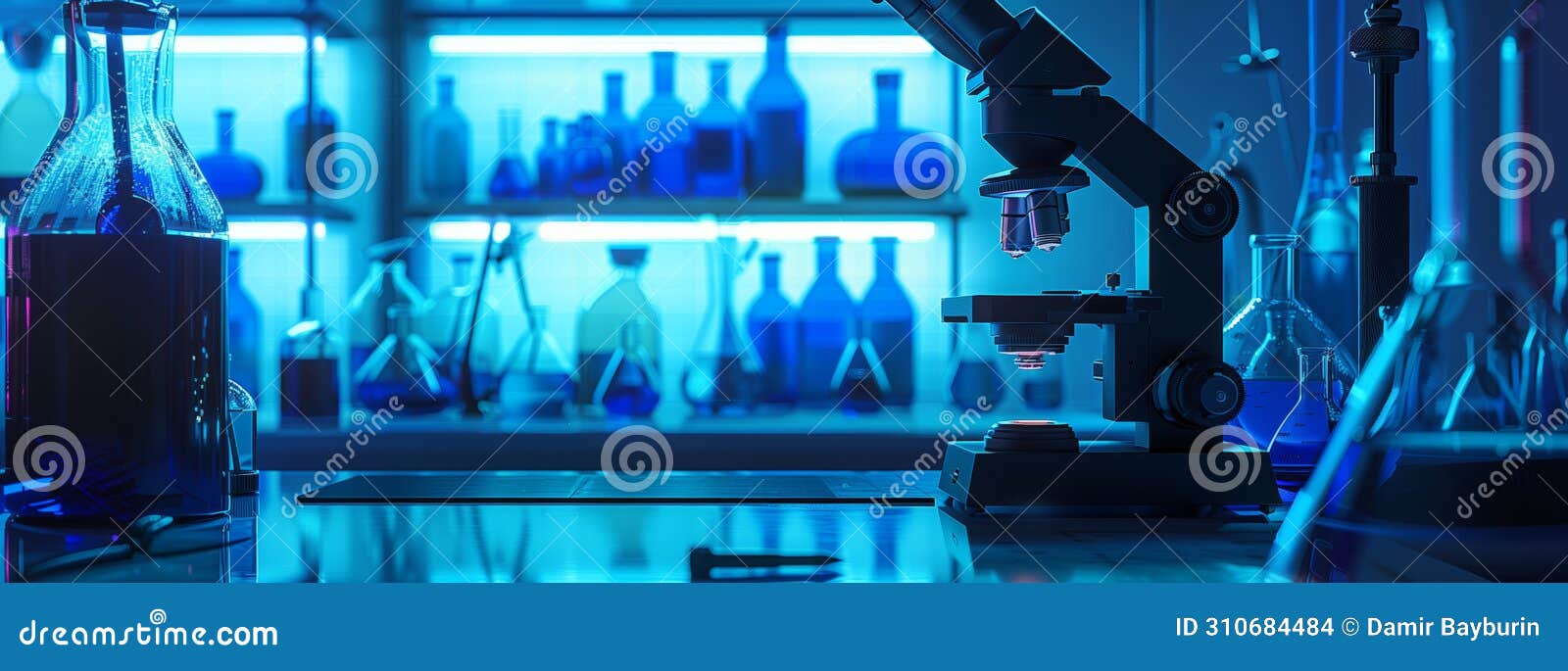 A Laboratory with a Microscope , Beakers , and Flasks Stock Photo ...