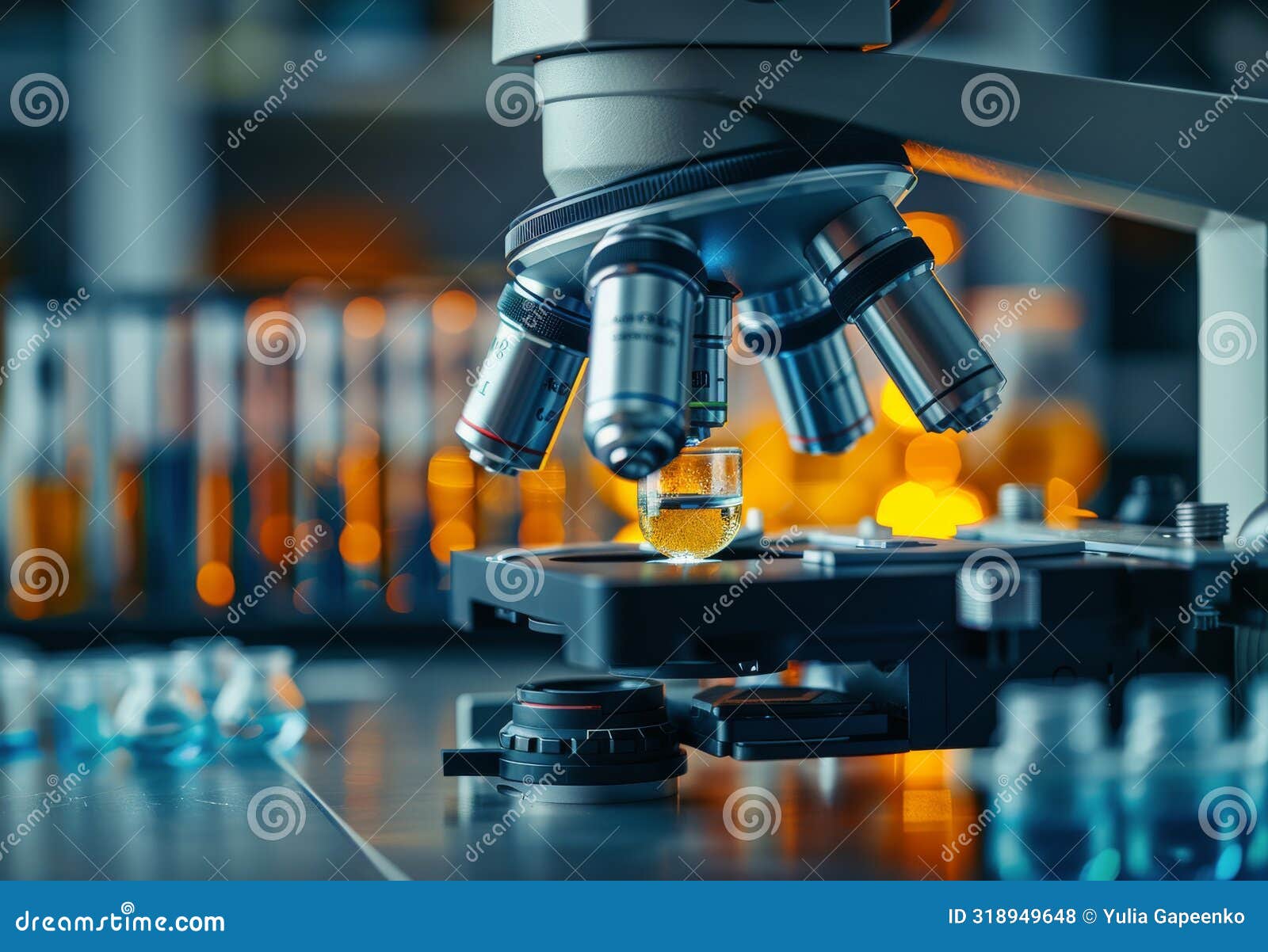 Laboratory with Microscope and Bottles of Liquid Stock Photo - Image of ...