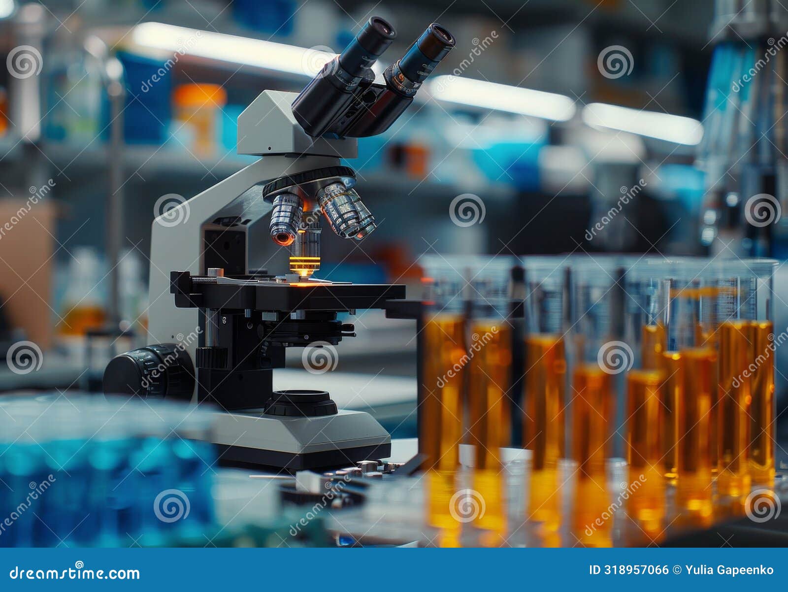 Laboratory with Microscope and Bottles of Liquid Stock Photo - Image of ...