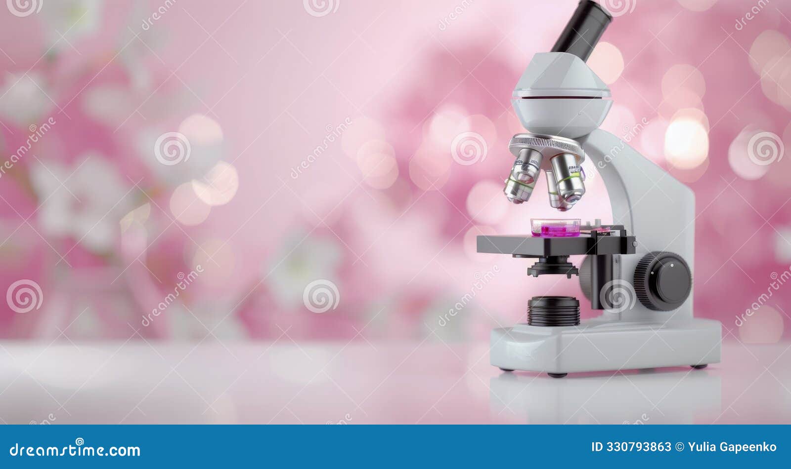 Laboratory Microscope Set Against Pink Floral Background in Science ...