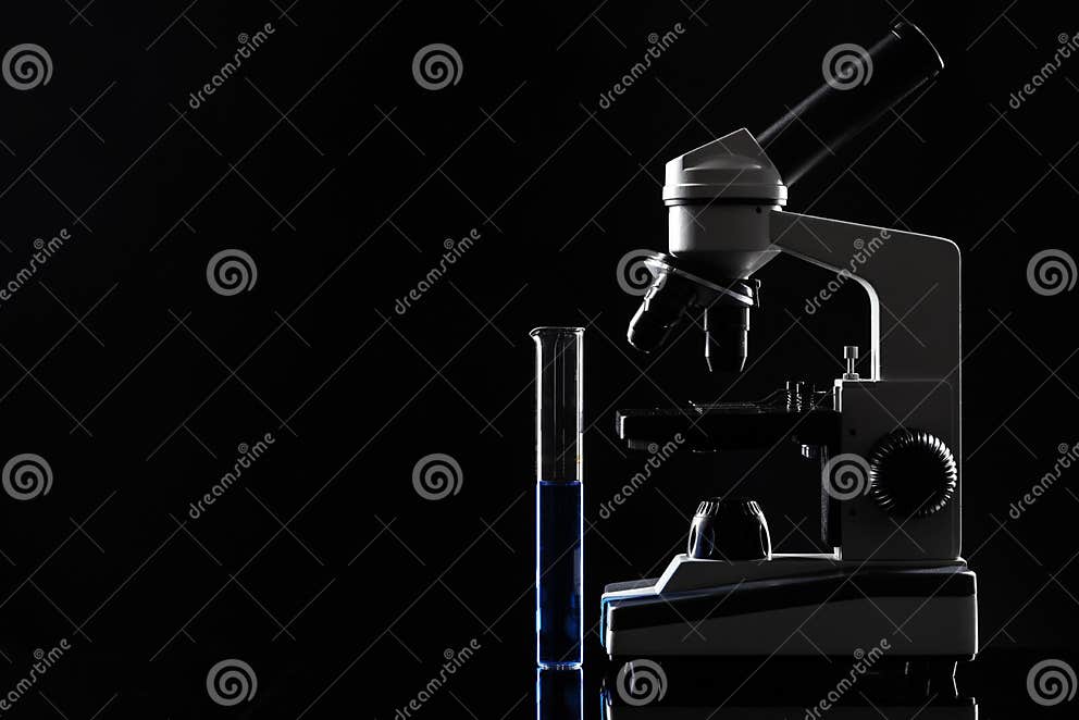 Laboratory Microscope on Table in the Dark Stock Image - Image of ...