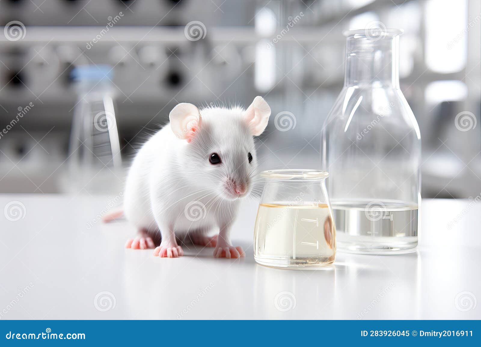 Laboratory Mouse Sitting among Test Tubes and Flasks on a Laboratory ...