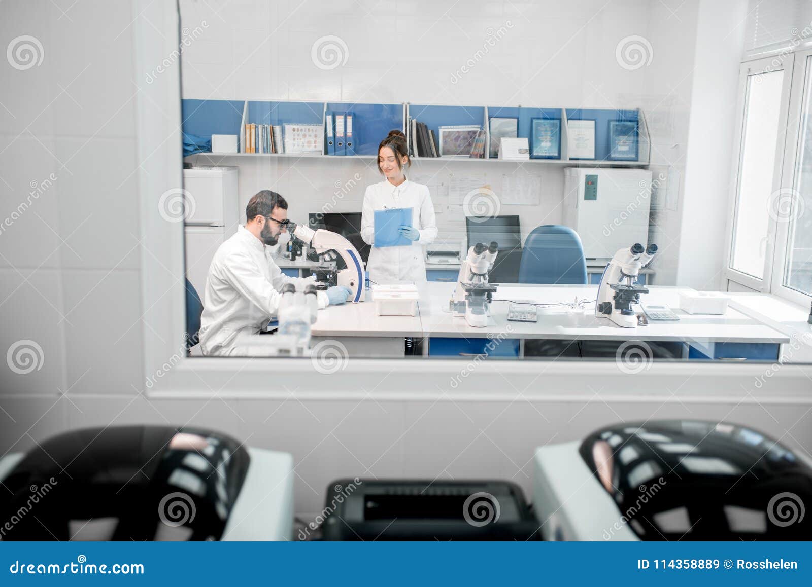 Laboratory Office with Medics and Microscopes Stock Image - Image of ...
