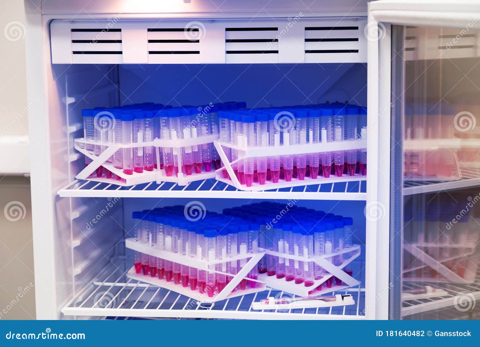Laboratory Refrigerator with Transparent Flasks with Lids with Patient ...