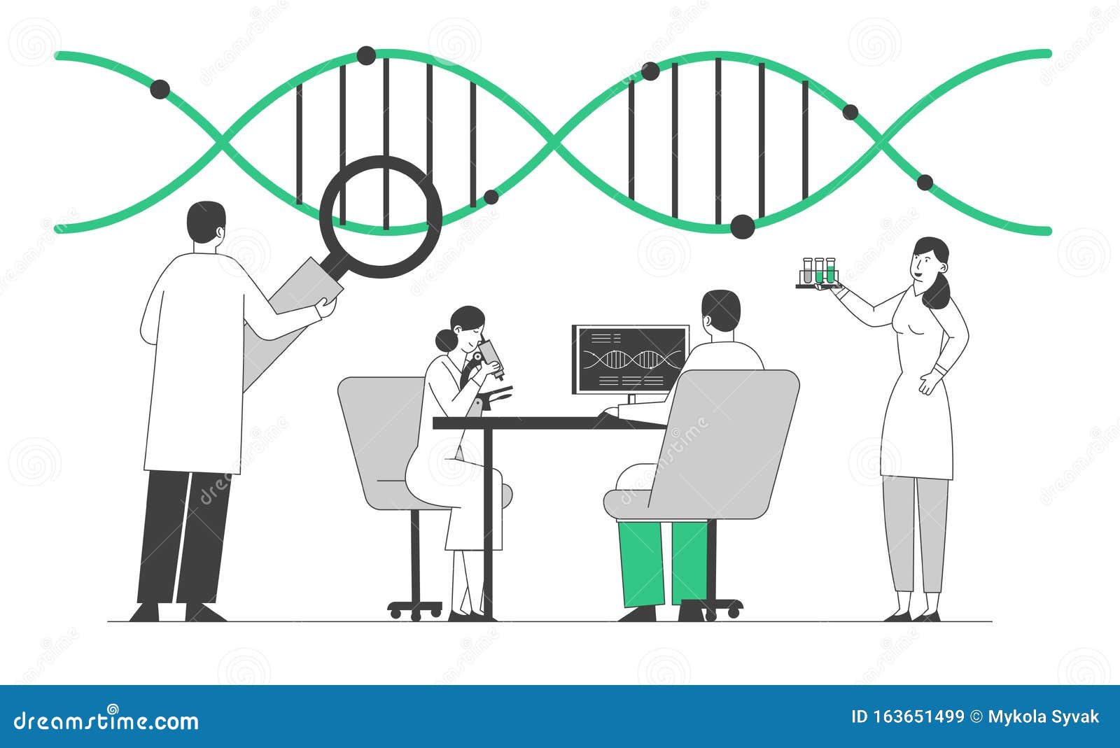 Scientists. DNA Structure, Genome Sequencing. Cartoon Vector ...