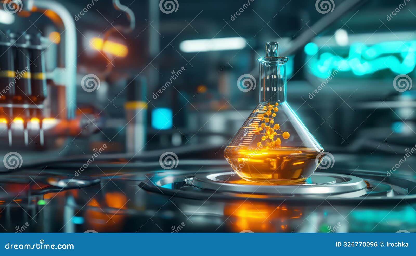 Laboratory Scene with Glowing Blue Liquid in Erlenmeyer Flasks Stock ...