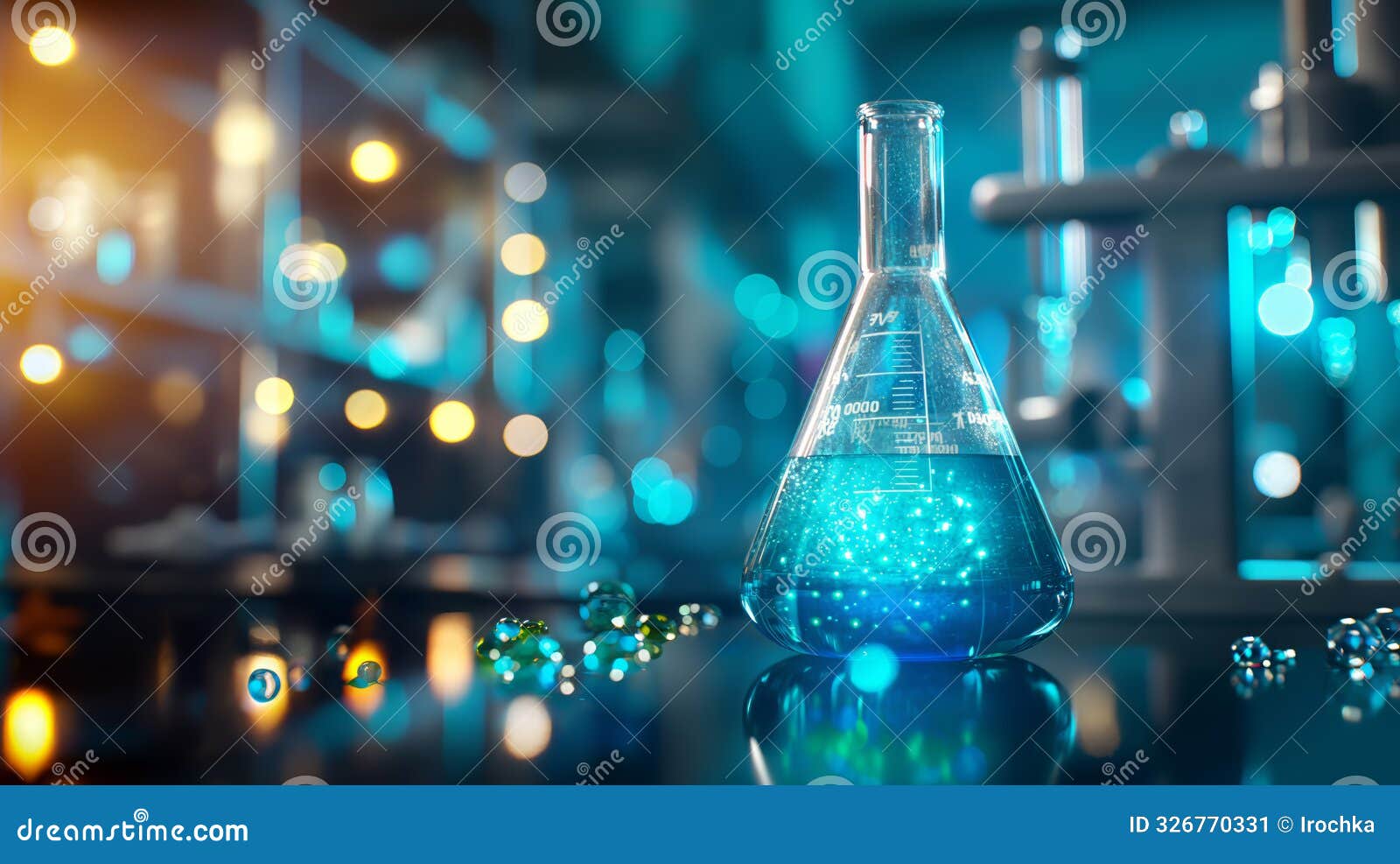 Laboratory Scene with Glowing Blue Liquid in Erlenmeyer Flasks Stock ...