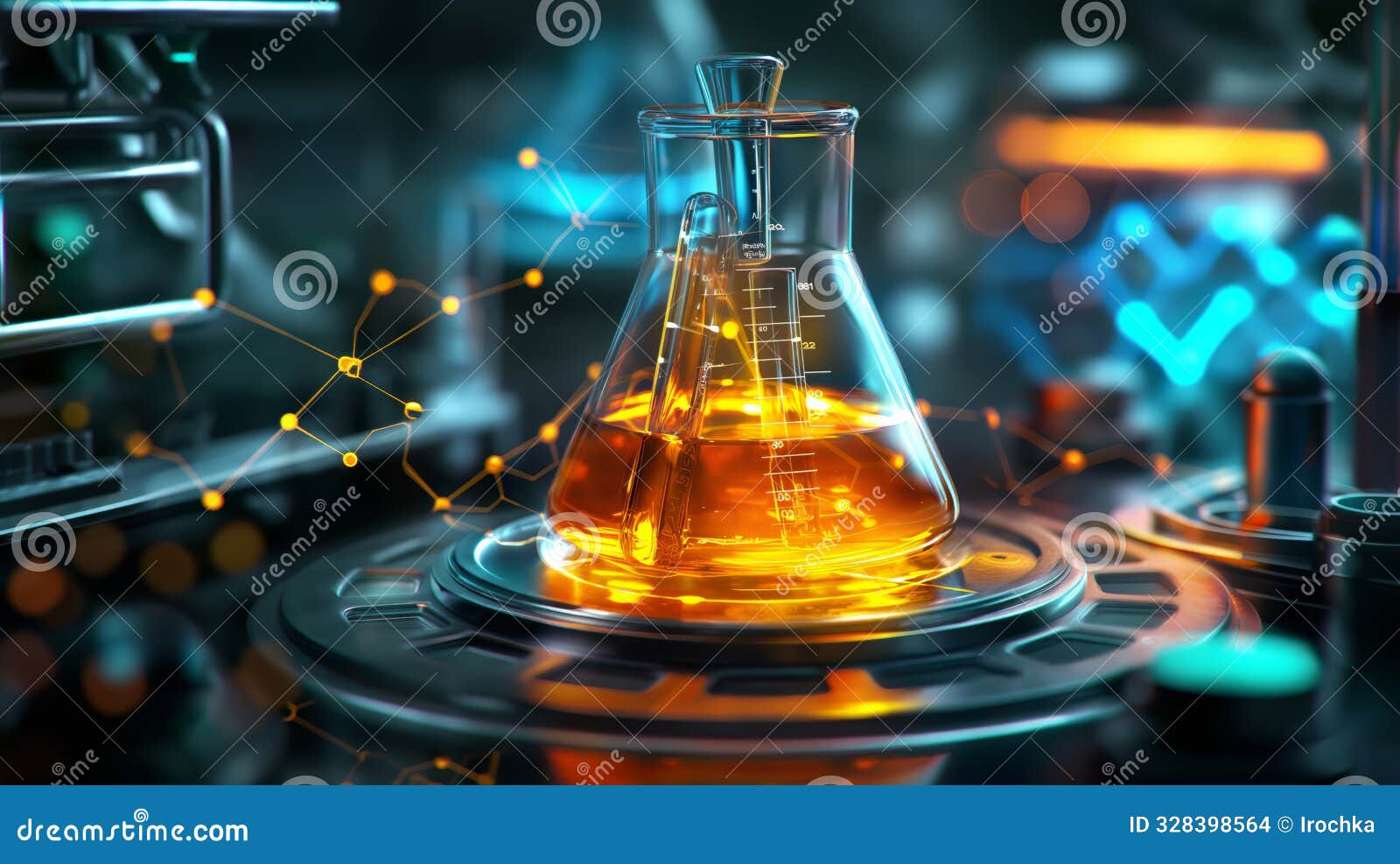 Laboratory Scene with Glowing Blue Liquid in Erlenmeyer Flasks Stock ...