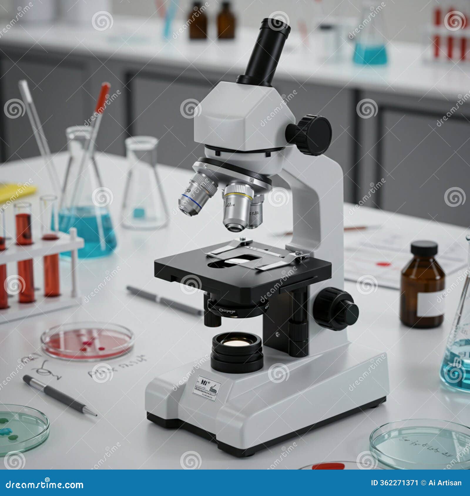 A Laboratory Scene With Colorful Liquids And A Microscope, Suggesting ...