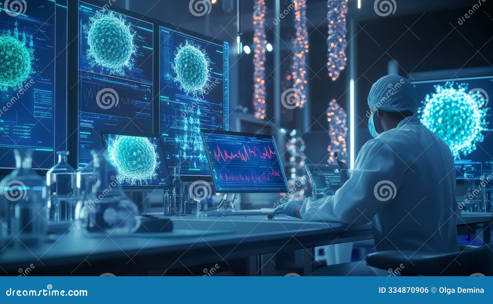 Laboratory Scientist Analyzing Viral Structures on Multiple Computer ...