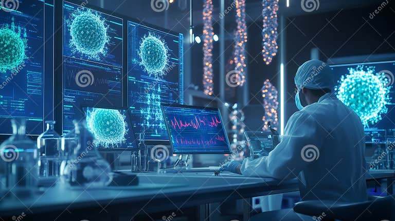 Laboratory Scientist Analyzing Viral Structures on Multiple Computer ...