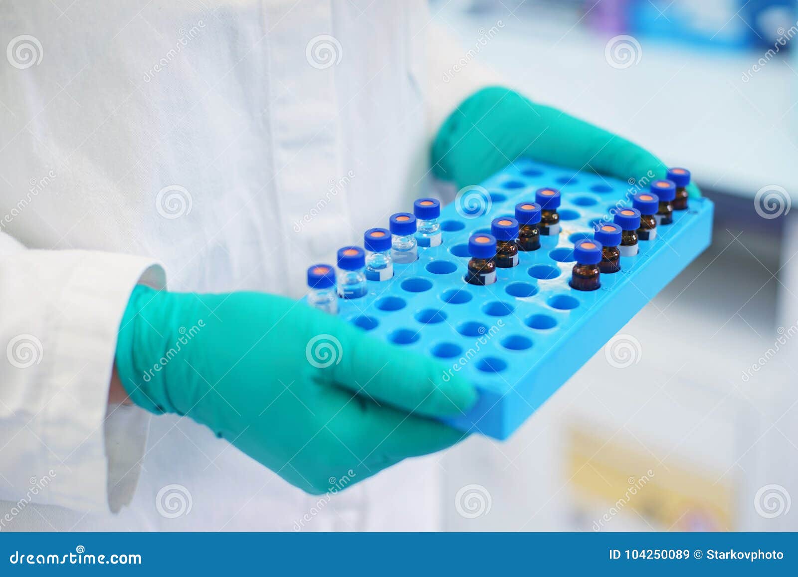 Laboratory Scientist Holds a Plastic Box with Samples of Transparent ...