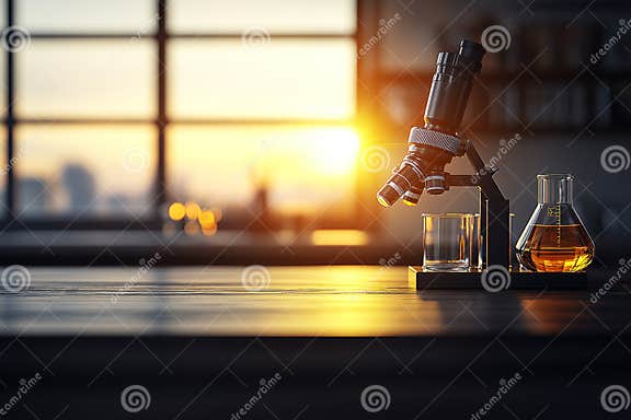 Laboratory Set with Microscope and Glassware at Sunset for Science ...