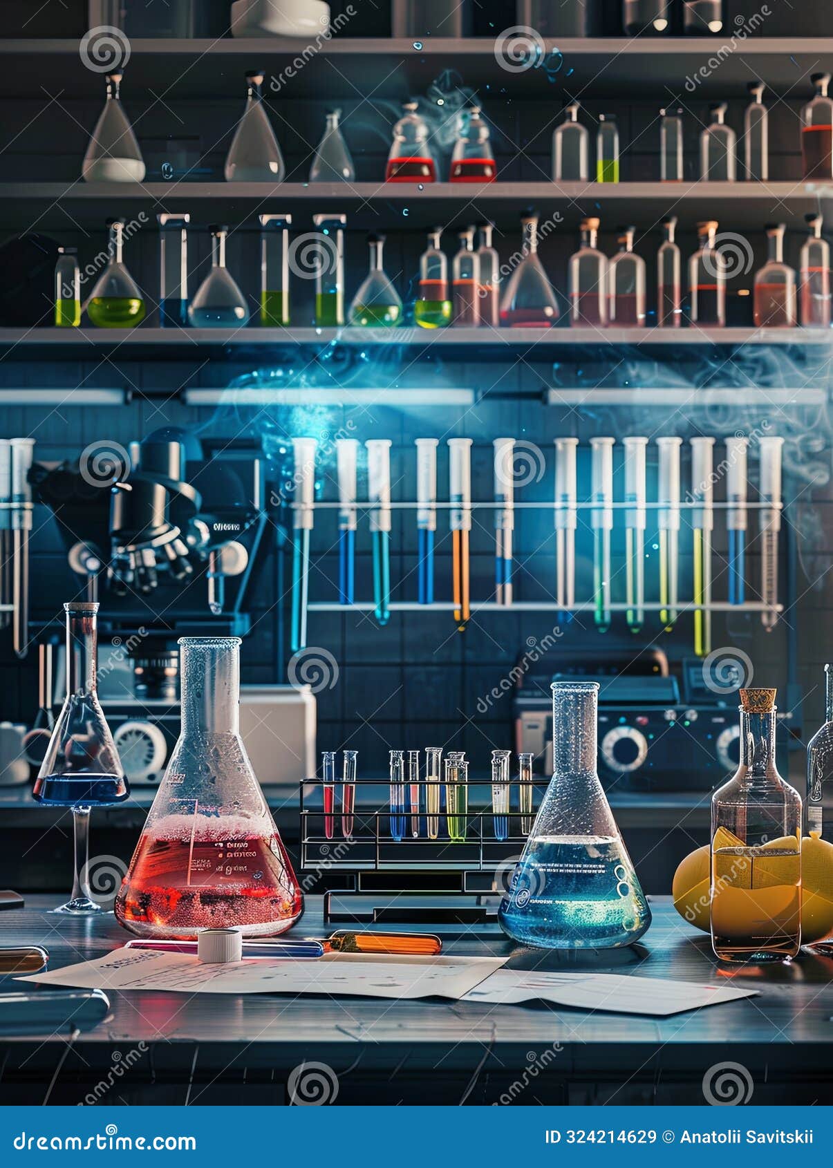 A Laboratory Setting with Beakers, Flasks, and Test Tubes Filled with ...