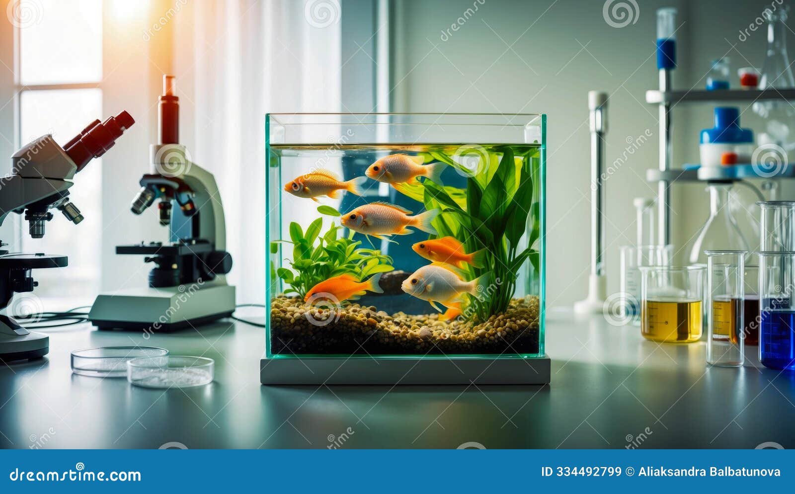 Laboratory Setting with Fish Tank, Microscopes, and Scientific ...