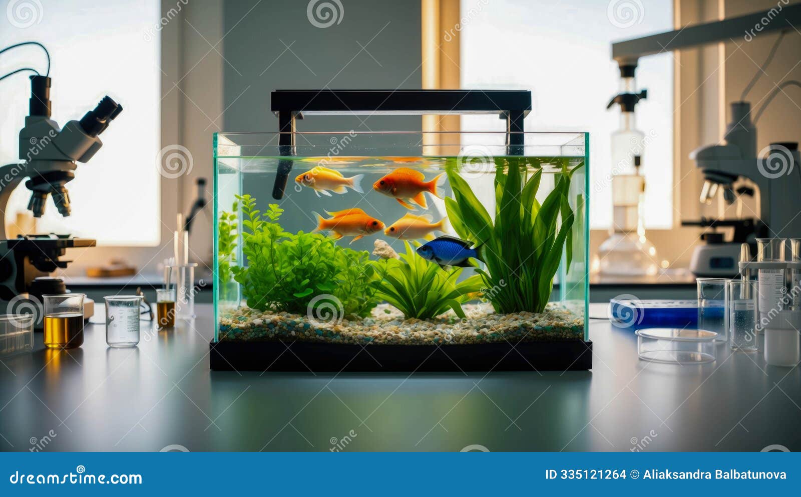 Laboratory Setting with Fish Tank, Microscopes, and Scientific ...