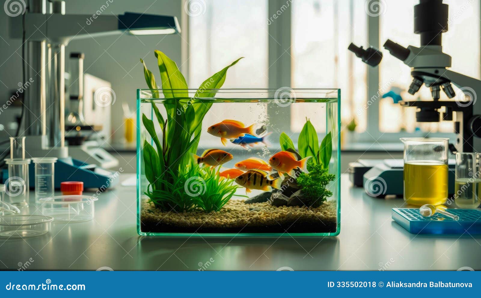 Laboratory Setting with Fish Tank, Microscopes, and Scientific ...