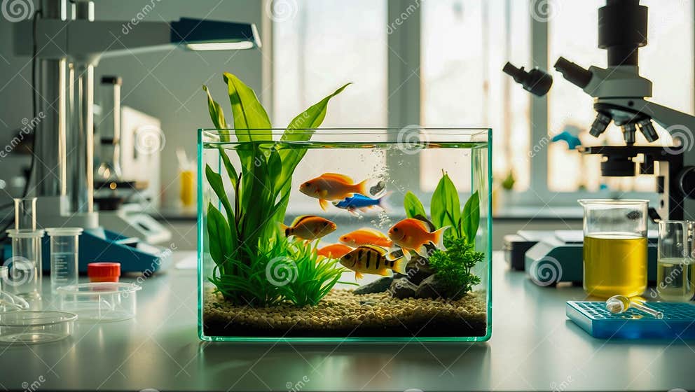 Laboratory Setting with Fish Tank, Microscopes, and Scientific ...