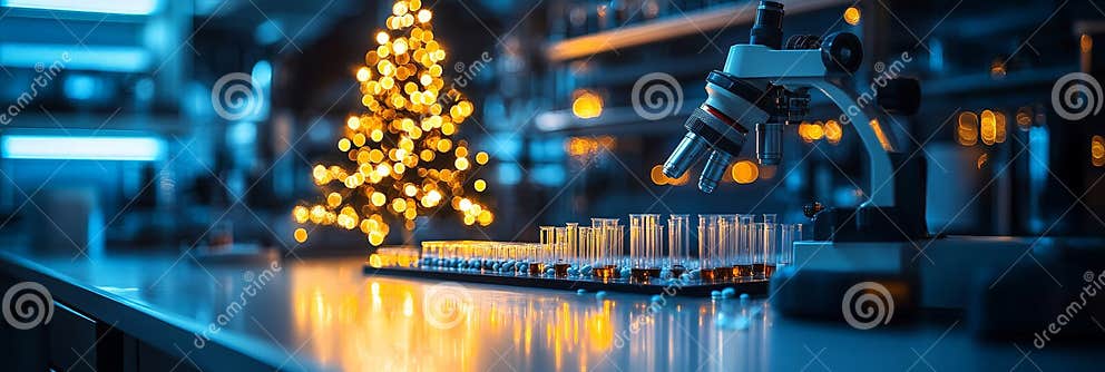 A Laboratory Setting with a Microscope in Focus, Accompanied by Festive ...