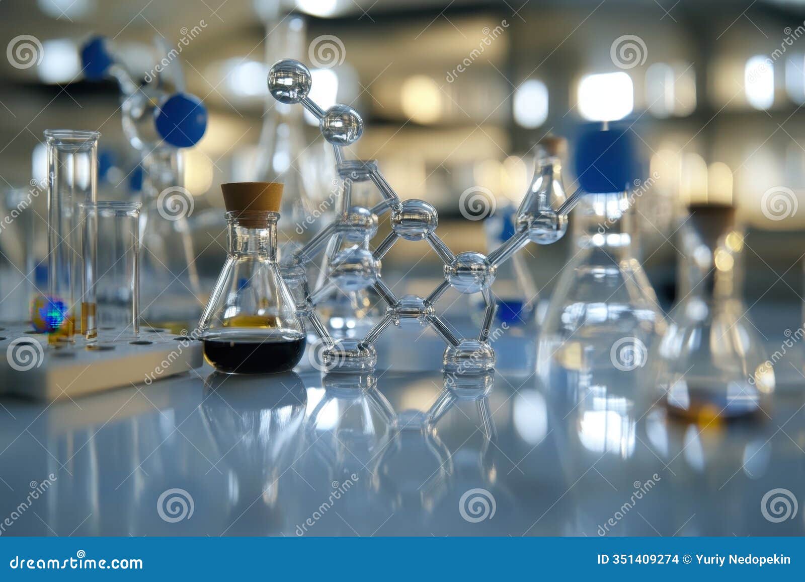 Laboratory Setup Showcasing Glassware and Molecular Structures with ...