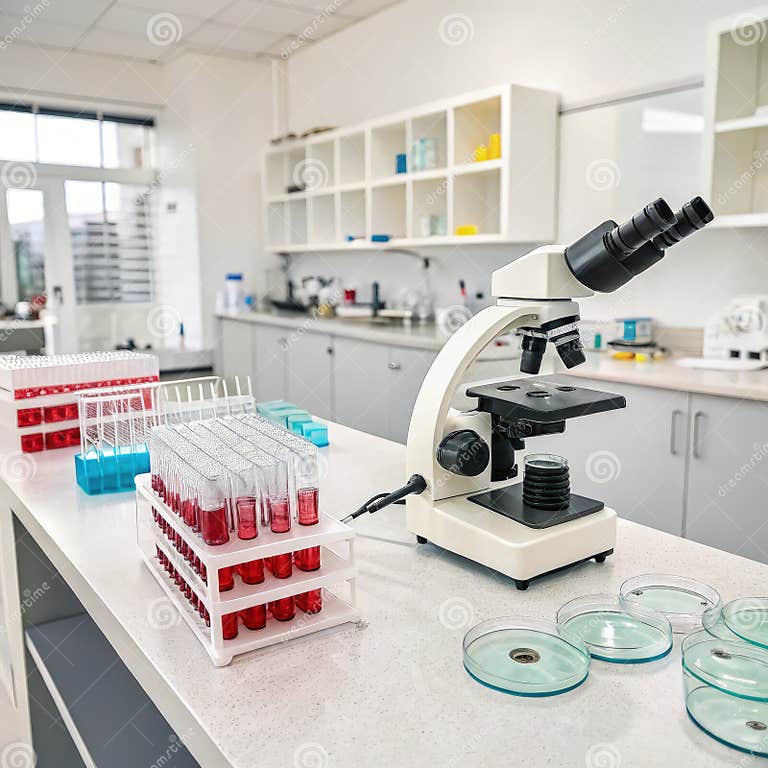 A Laboratory Space Features a Microscope Alongside Various Test Tubes ...