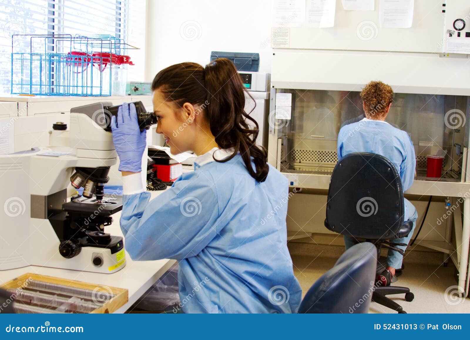 Laboratory Staff Looking at Samples in Microscope Stock Image - Image ...