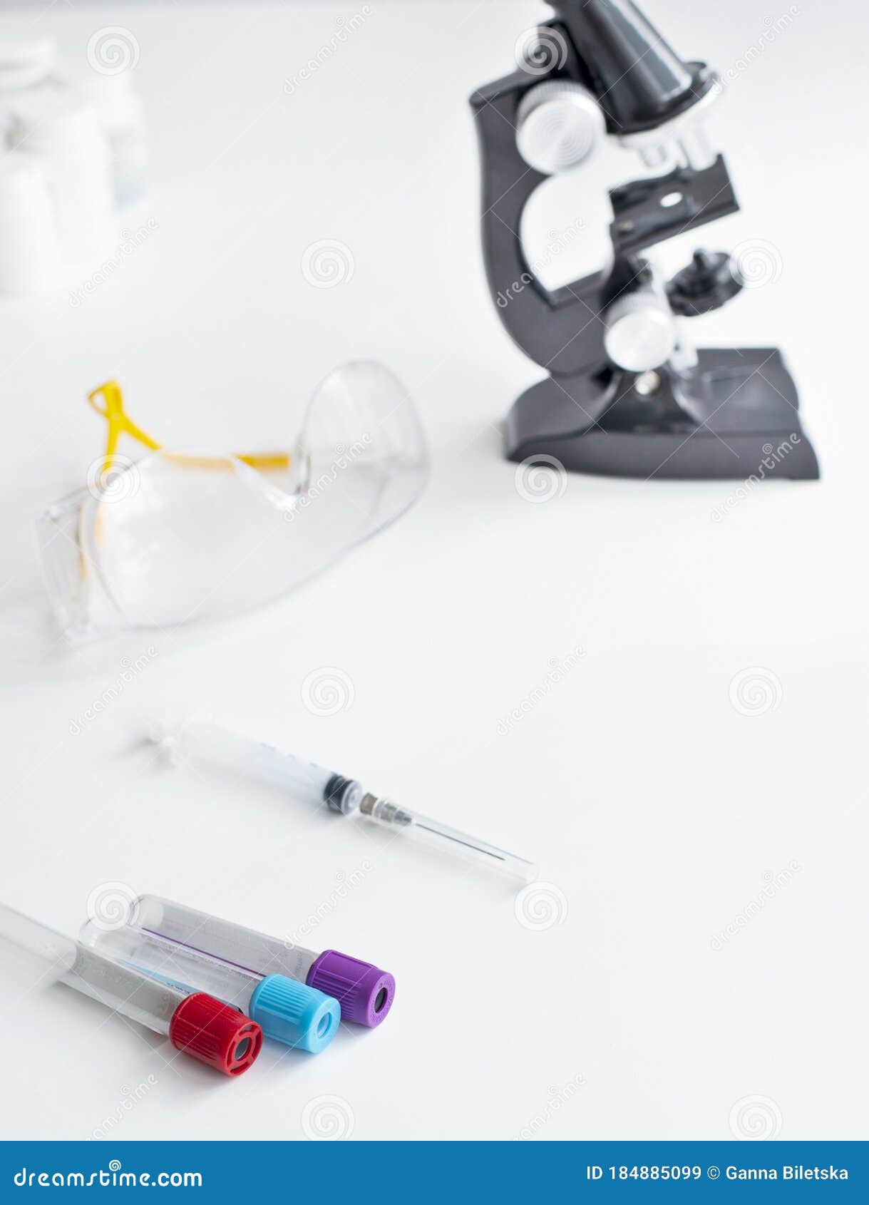 Laboratory Table for a Blood Test. Test Tube Glasses Syringe on a White ...
