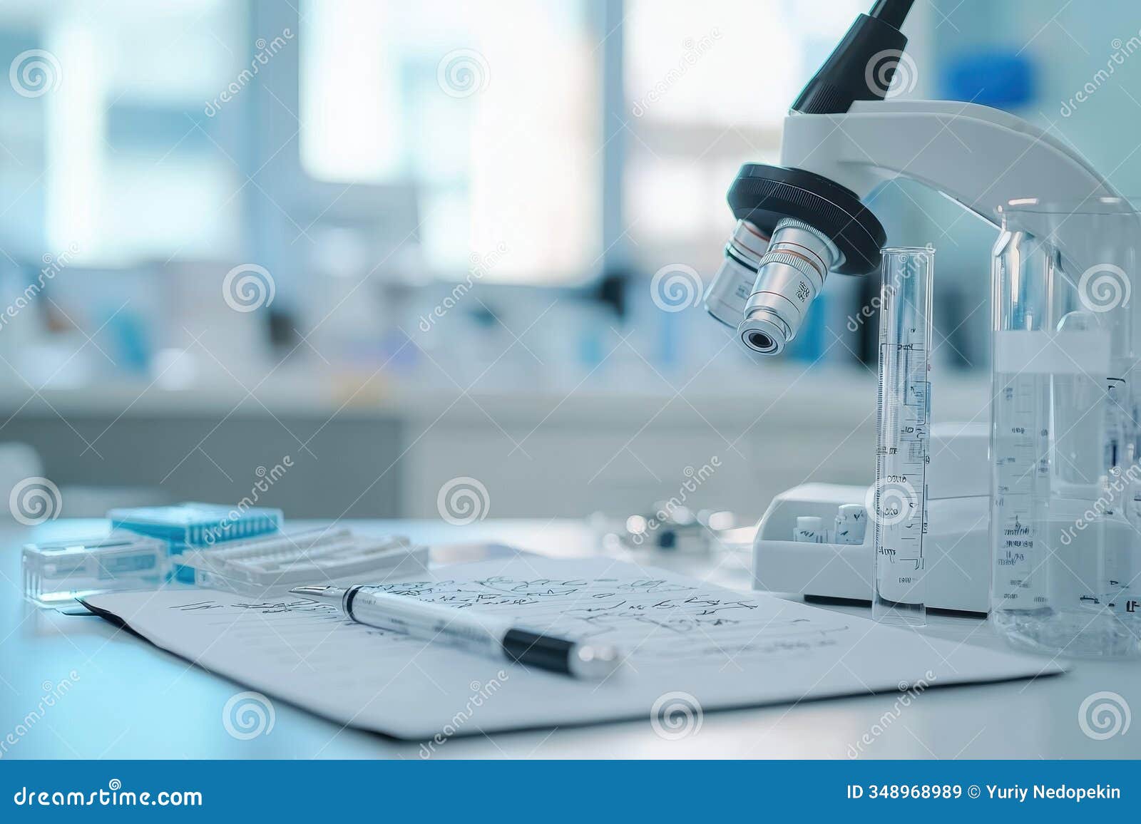 Laboratory Setup with Microscope, Test Tubes, and Research Notes in a ...