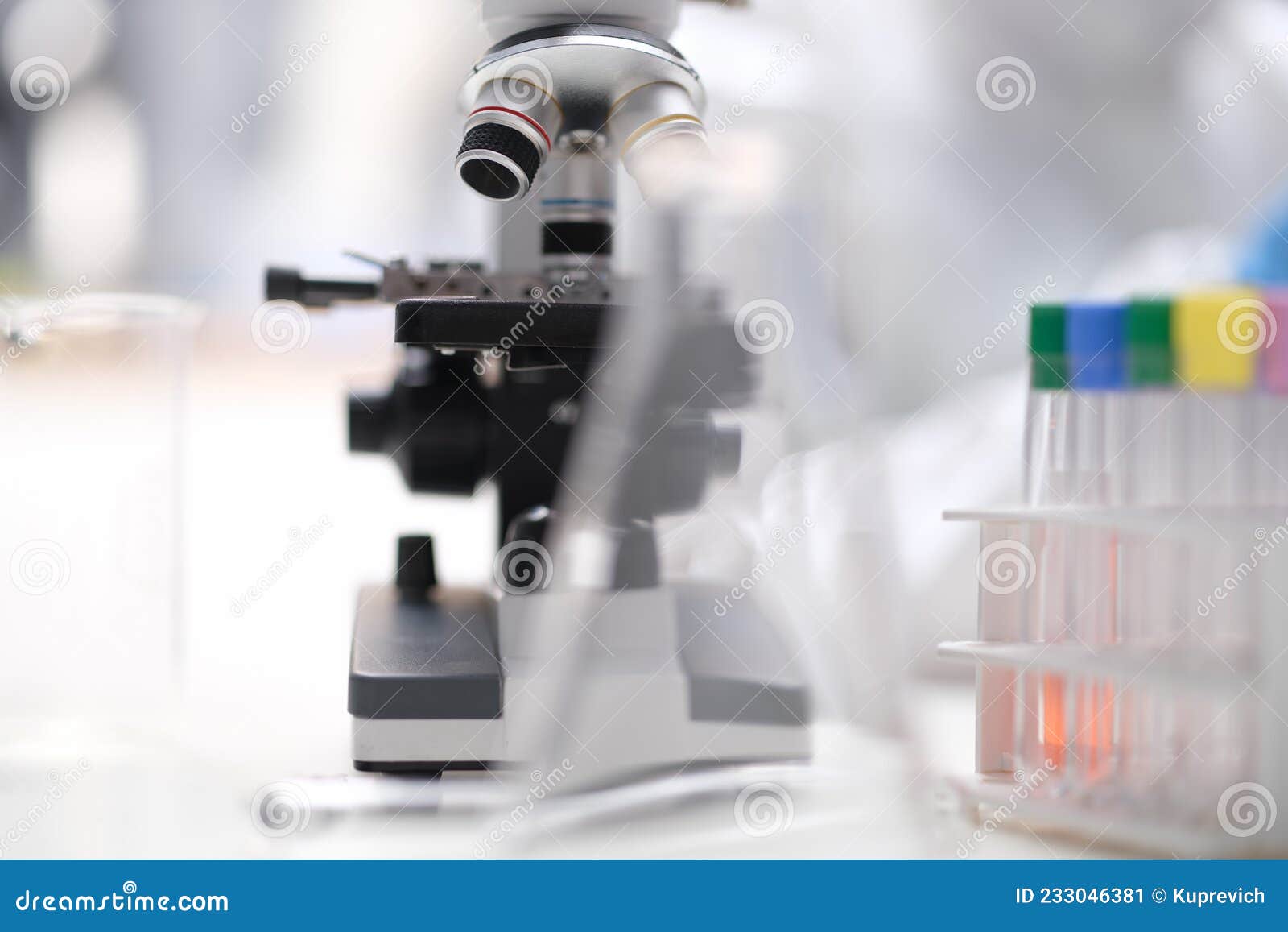 Laboratory, on the Table a Microscope and Beakers Stock Image - Image ...