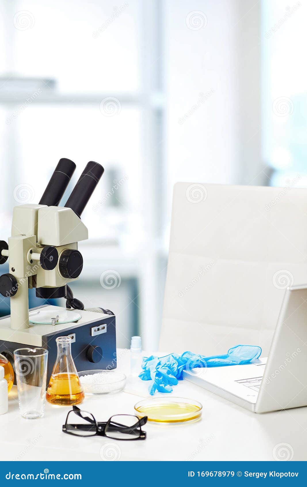 Laboratory Table with Microscope and Chemical Glassware Stock Image ...