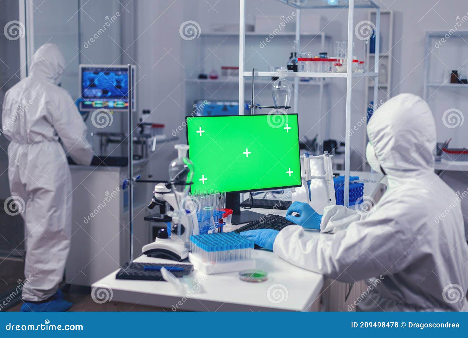 Laboratory Technician in Medicine Lab Uses Computer with Green Screen ...