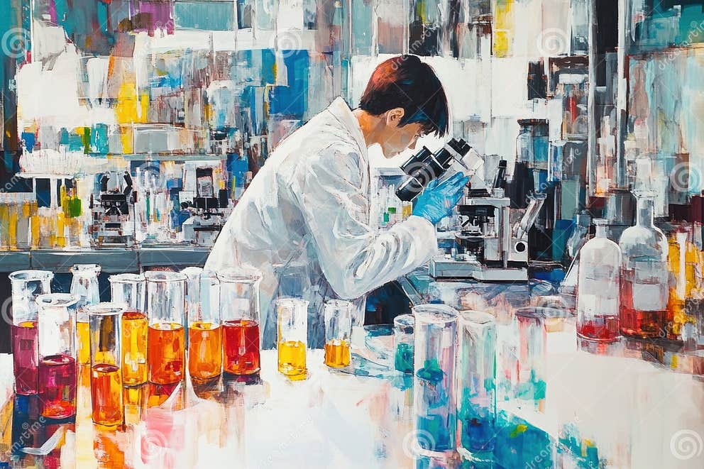 Laboratory Technician Examining Samples Under Microscope while Colorful ...