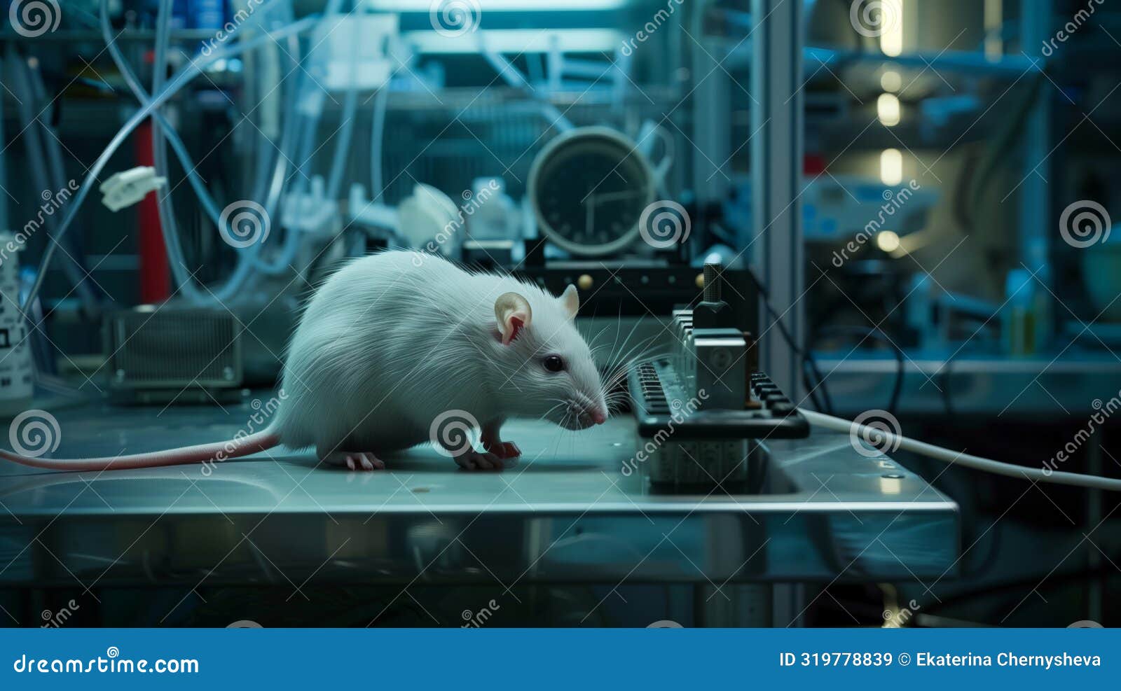 A Laboratory Test Rat. a White Scared Mouse is Sitting on a Laboratory ...