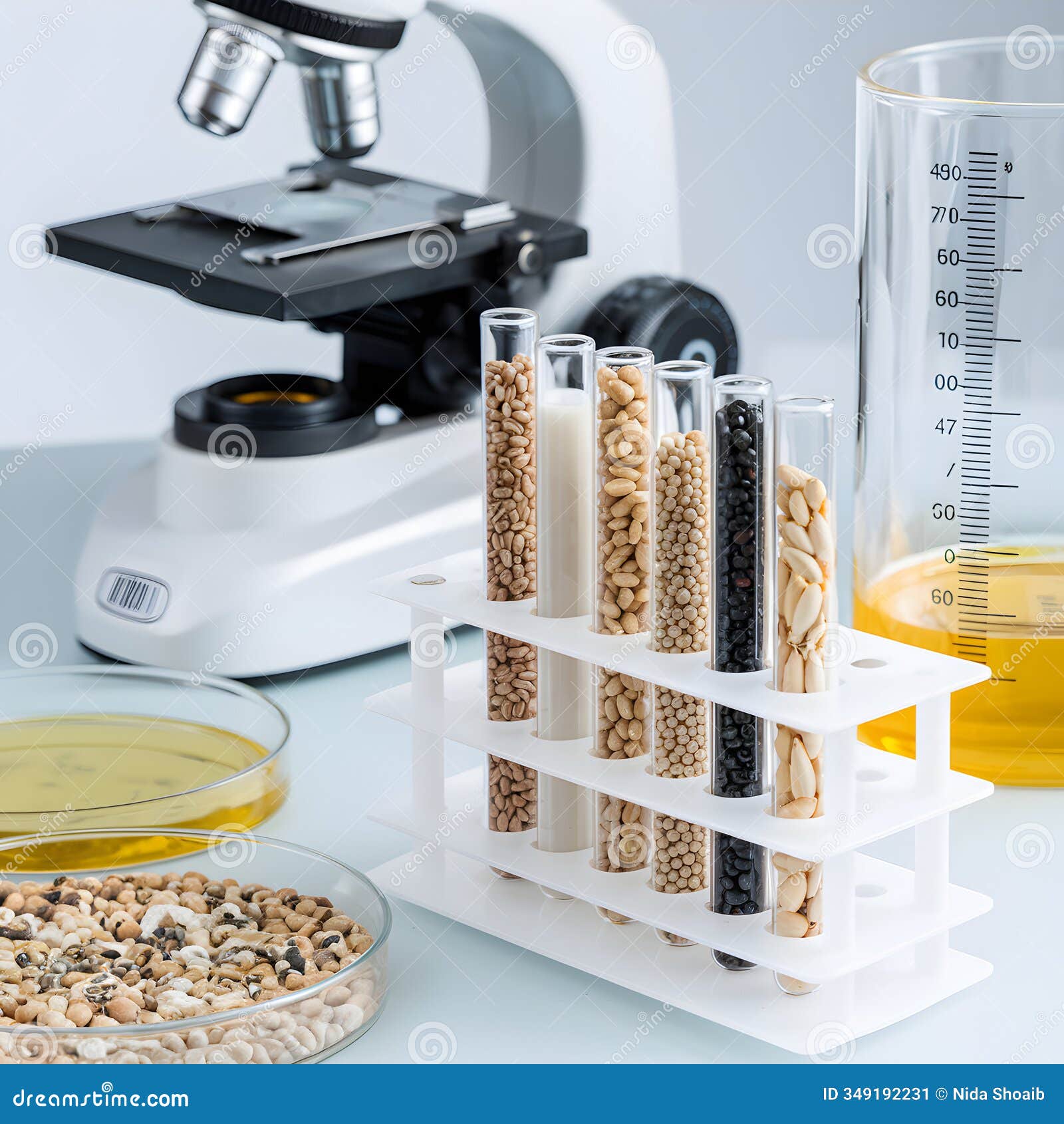 Laboratory with Test Tubes, Grains, Microscope, Highlighting Food ...