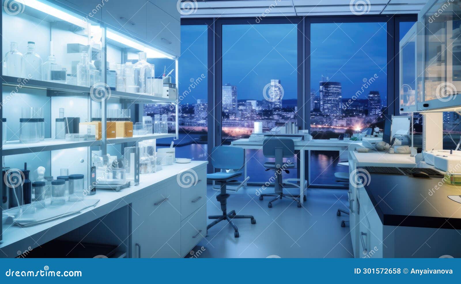 A Laboratory with a View of a City at Night Stock Illustration ...
