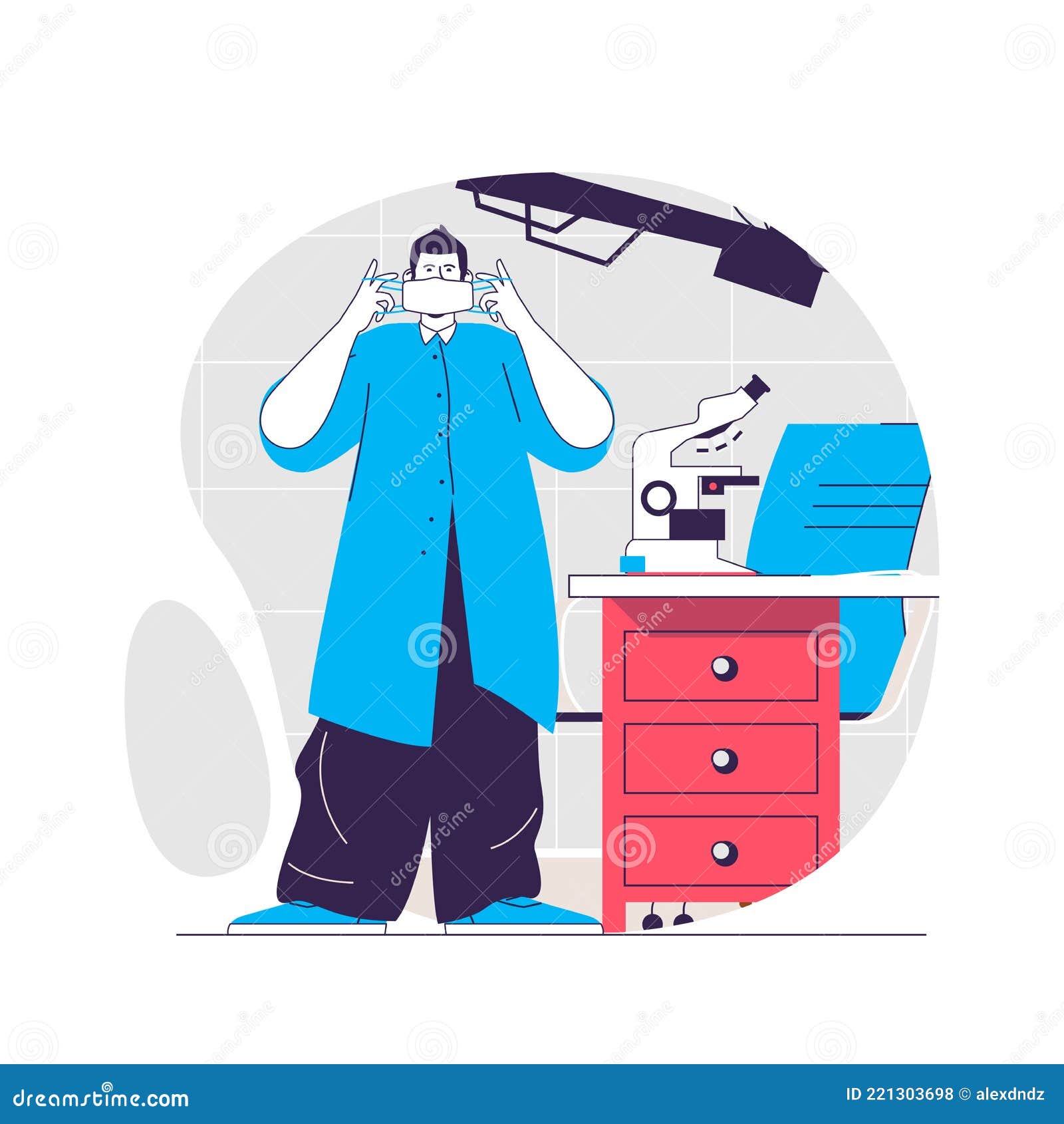 Laboratory Web Concept. Man Puts On Mask, Testing At Microscope Vector ...