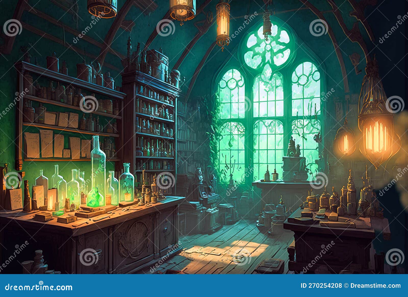 Laboratory Wizard Medieval Alchemy, Retro Interior Stock Illustration ...