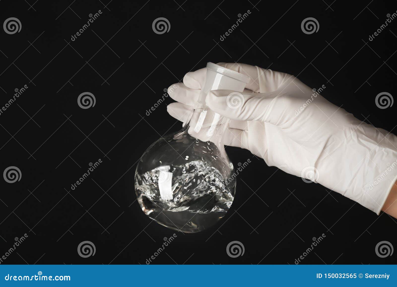 Laboratory Worker Holding Flask with Water on Black Background Stock ...